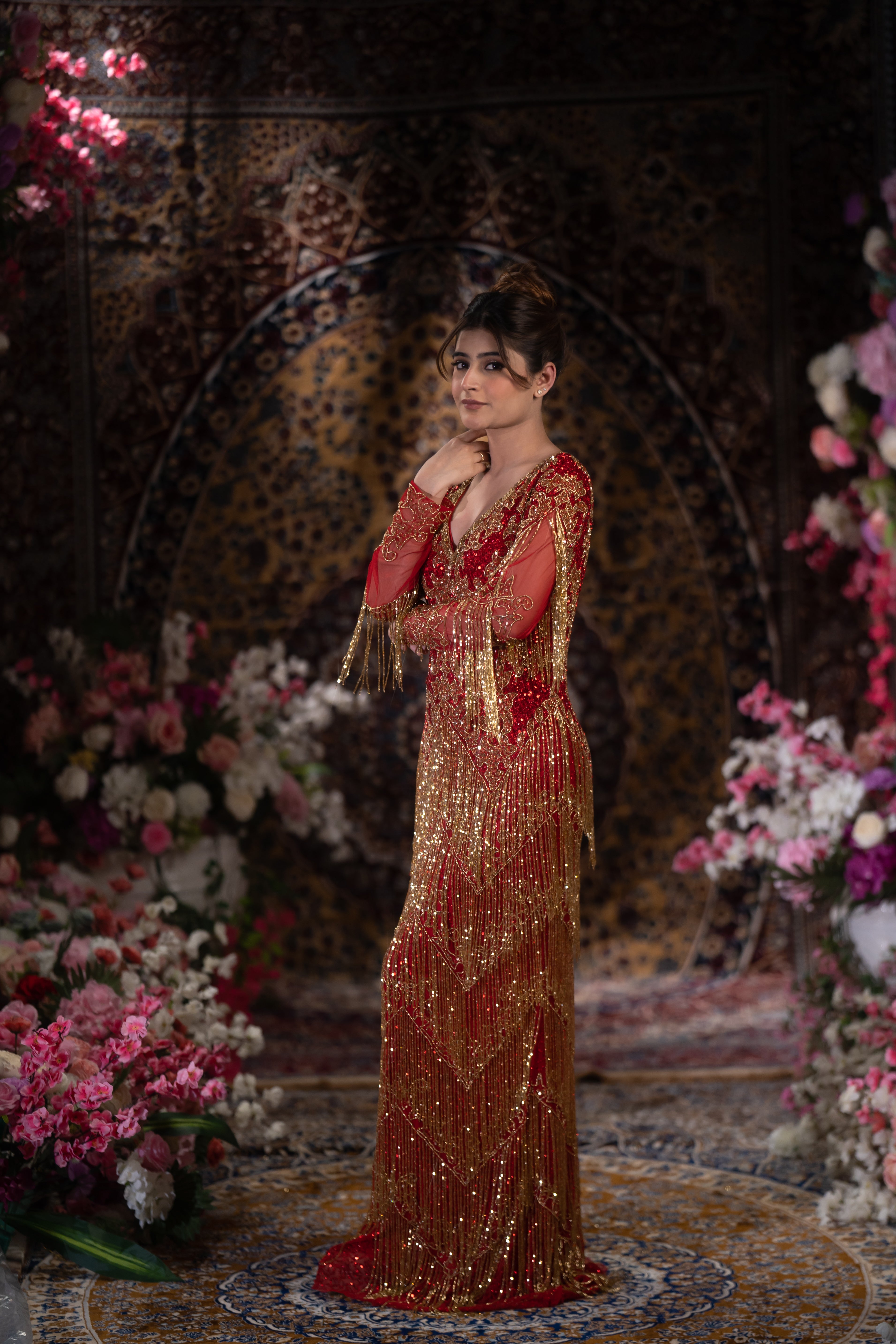 Ruby Red & Gold Baroque Fringe Embellished Evening Gown – Taj Fashion