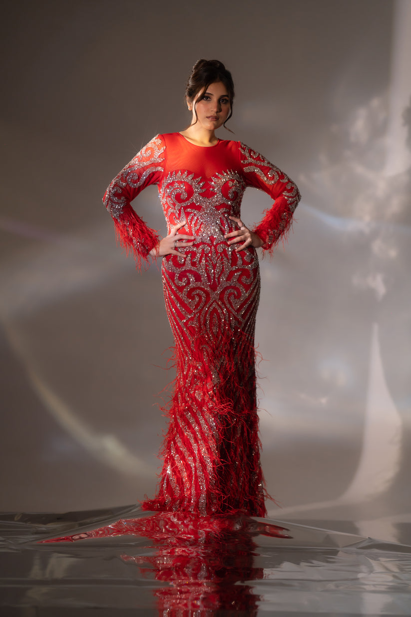 Bright Red Baroque Beaded & Feather Embellished Evening Gown – Taj Fashion